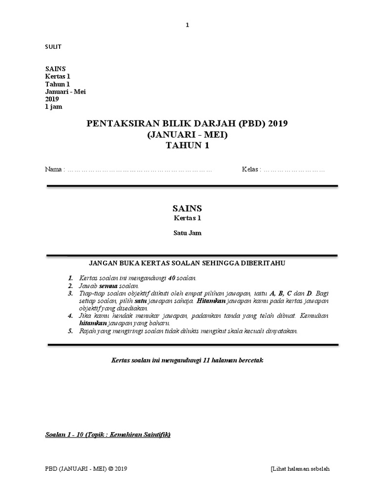 Soalan PBD (Jan - Mei) 2019 - Sains T1 K1 | PDF