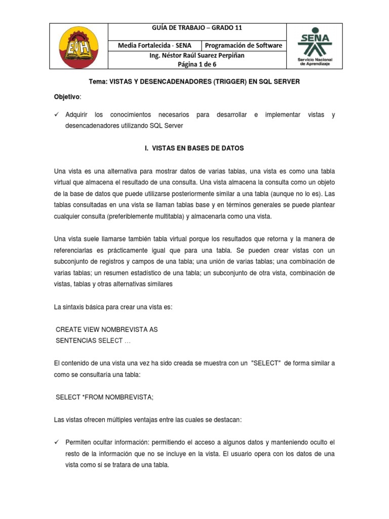 Guia10-Vistas y Trigger (SQL Server) | PDF | SQL | Datos