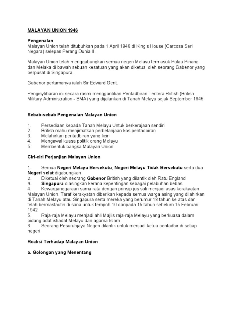 Malayan Union 1946 | PDF