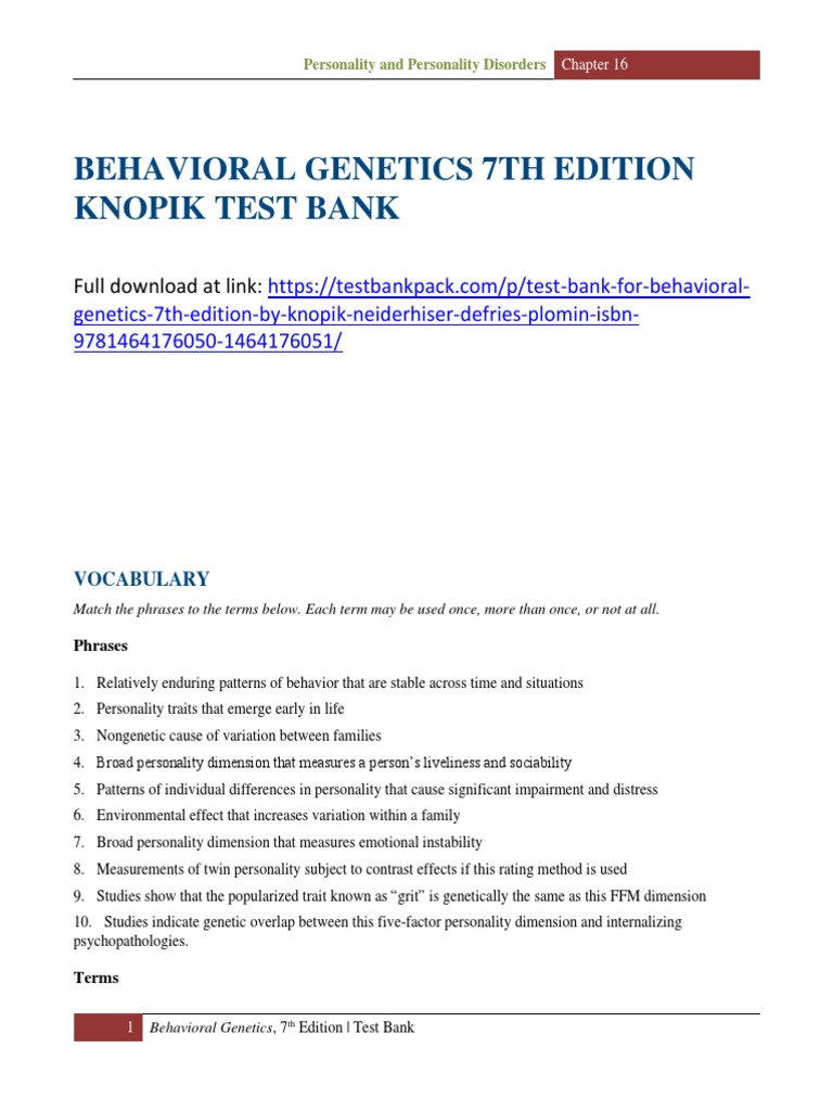 Behavioral Genetics 7th Edition Knopik Test Bank 1 | PDF