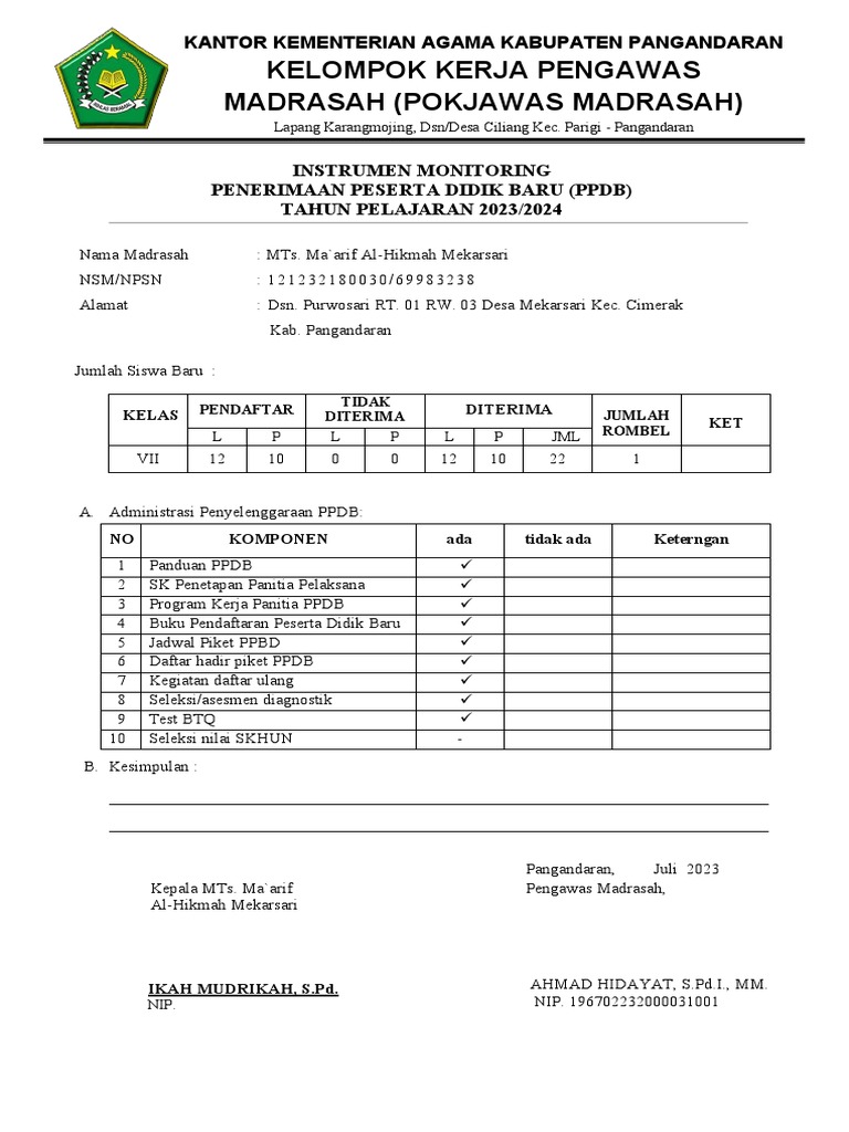Instrumen Monitoring PPDB 2023-2024 | PDF