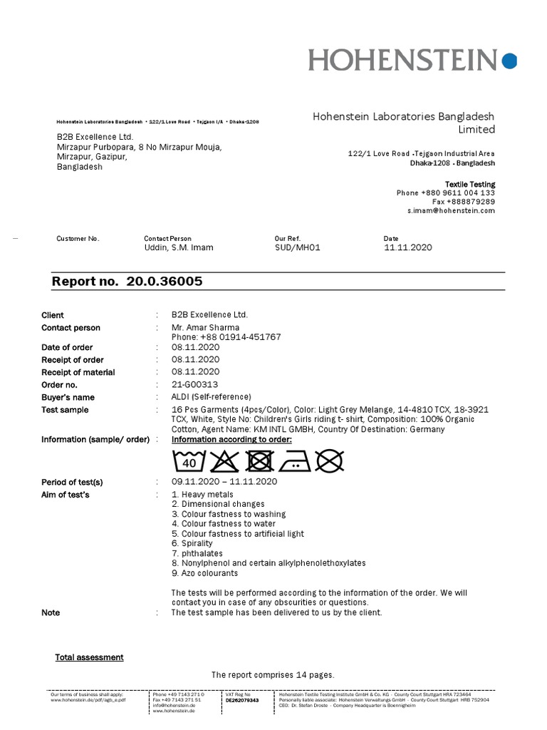 Hohenstein Test Report 20 0 37000 BD 21 G00313 B2B Excellence LTD | PDF