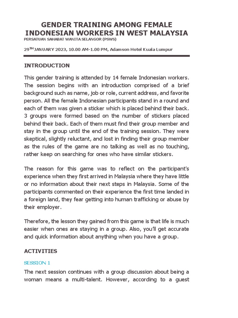 Rapporteur Report GENDER TRAINING (ADAMSON KL) | PDF