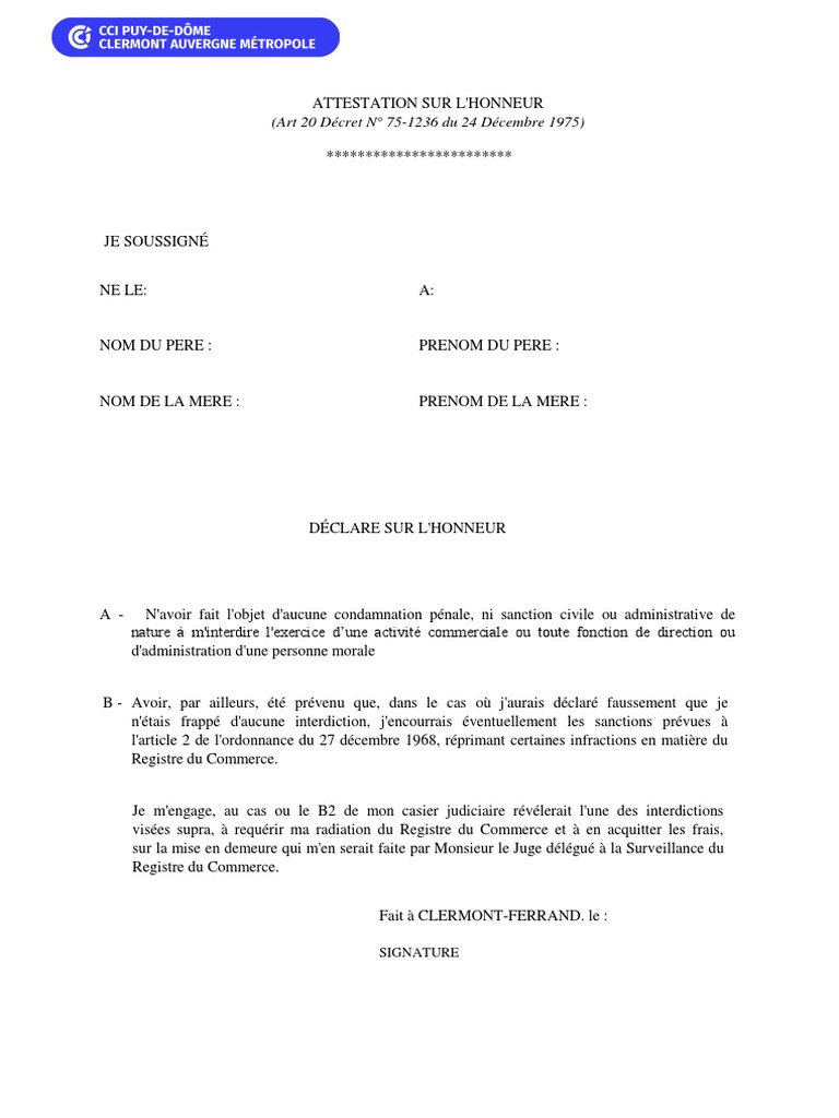 Déclaration sur l'honneur de non-condamnation | PDF