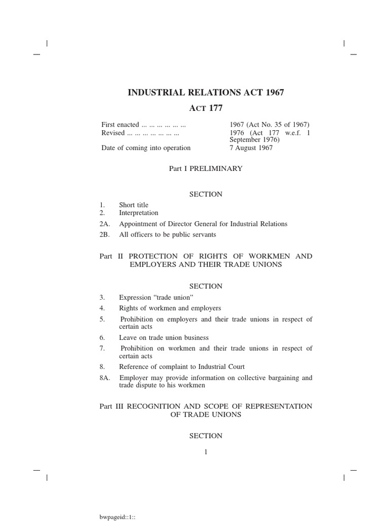 (MY) INDUSTRIAL RELATIONS ACT 1967 ACT 177 | PDF