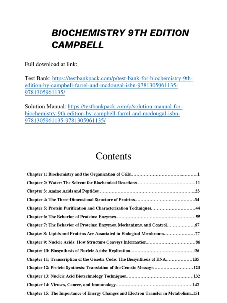 Biochemistry 9th Edition Campbell Solutions Manual 1 | PDF