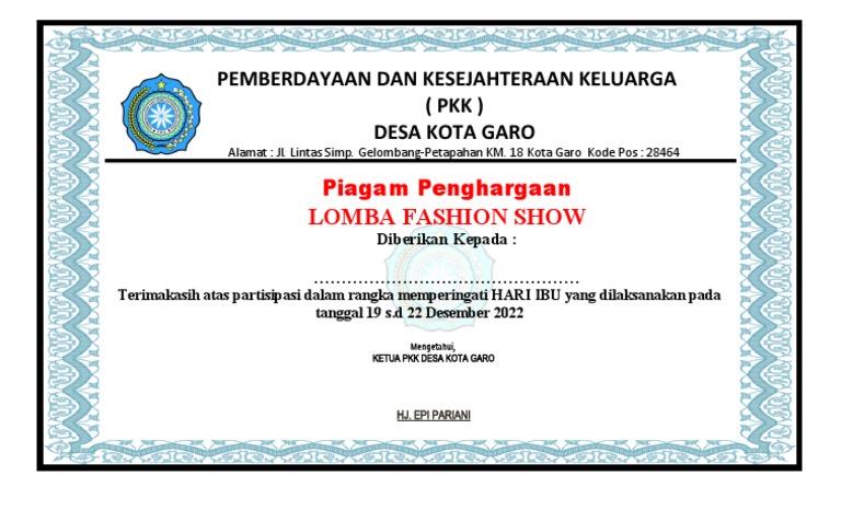 Piagam PKK Fashion Show Hari IBU | PDF