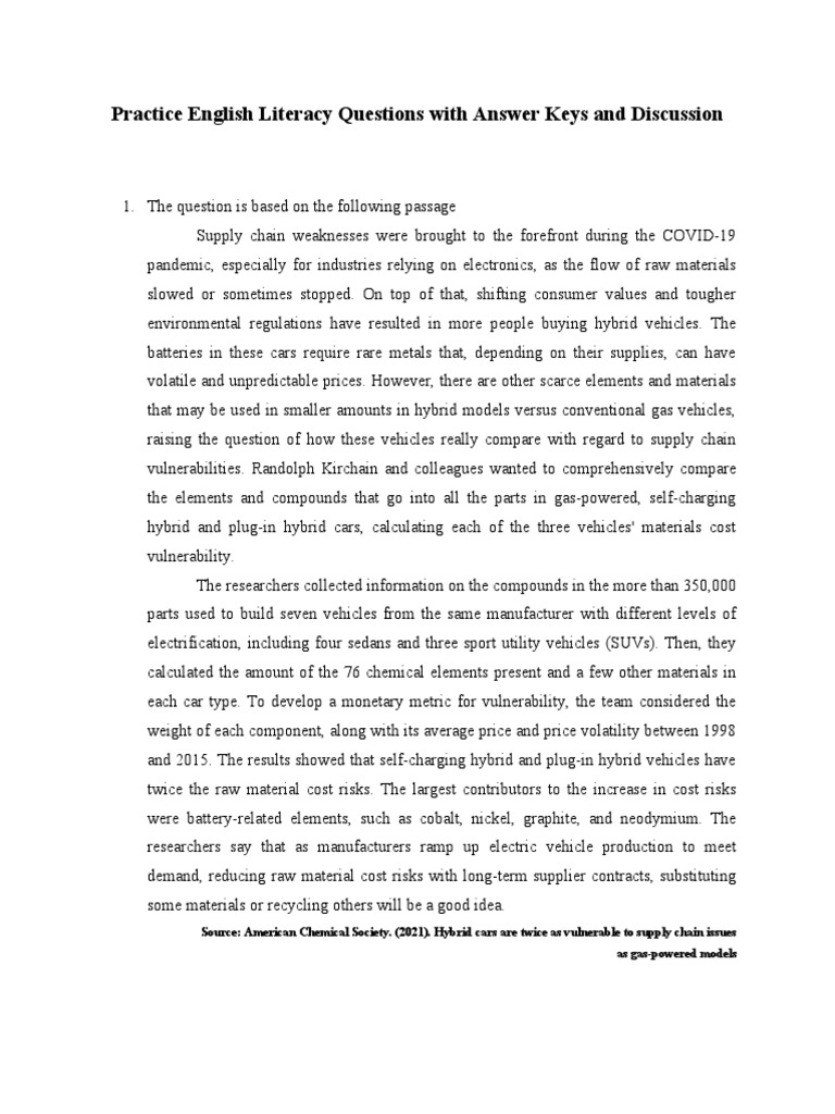 Practice English Literacy Questions With Answer Keys and Discussion ...