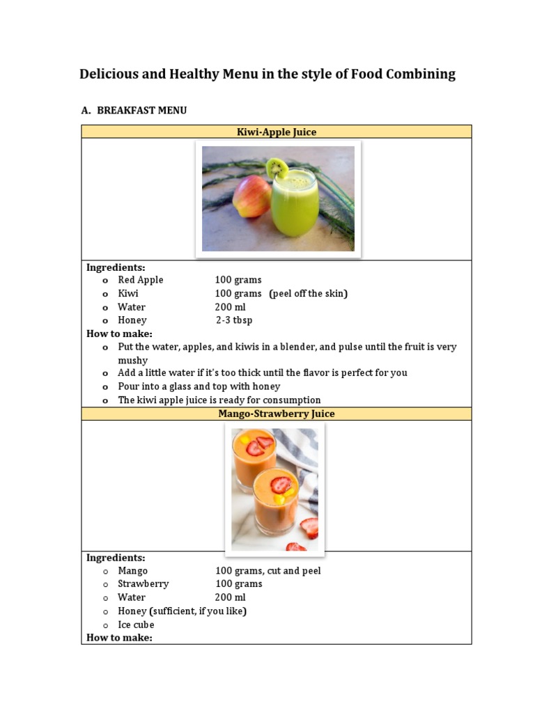 Delicious and Healthy Menu in The Style of Food Combining | PDF
