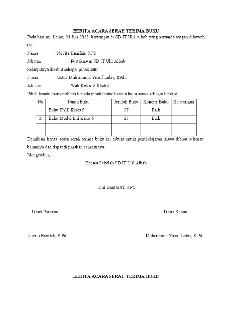 Contoh Berita Acara Serah Terima Buku | PDF