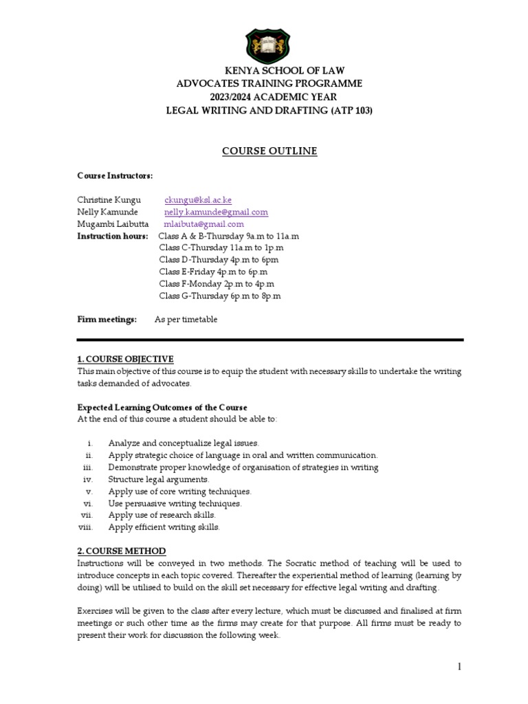 ATP 103 Legal Writing & Drafting Course Outline 2023 | PDF