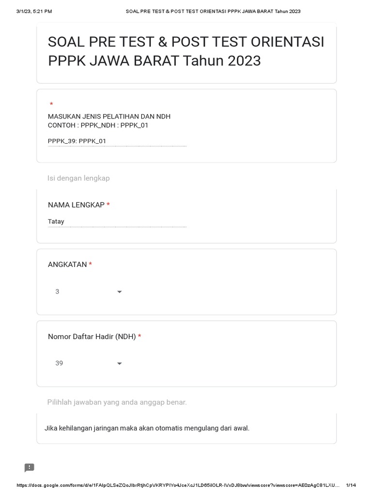 SOAL PRE TEST & POST TEST ORIENTASI PPPK JAWA BARAT Tahun 2023 | PDF