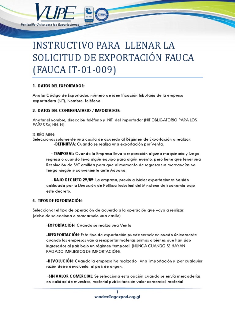 Instructivo de Llenado Solicitud FAUCA | PDF | Exportaciones | aduana