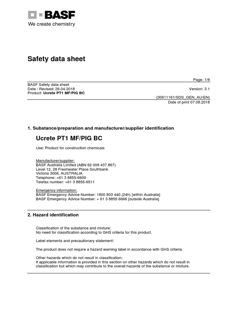 Basf Ucrete Part1 Sds | PDF