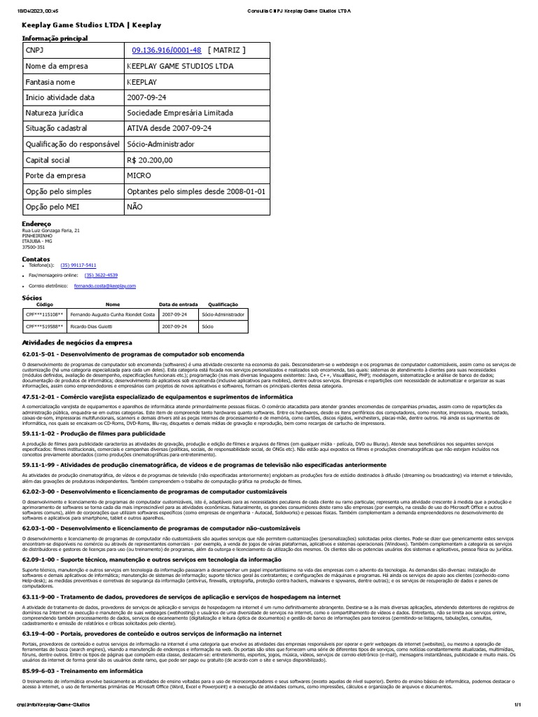 Consulta CNPJ Keeplay Game Studios LTDA | PDF | Internet | Programas