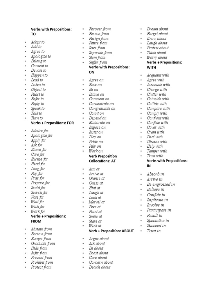 Verb Preposition Collocations Guide | PDF | Self-Improvement