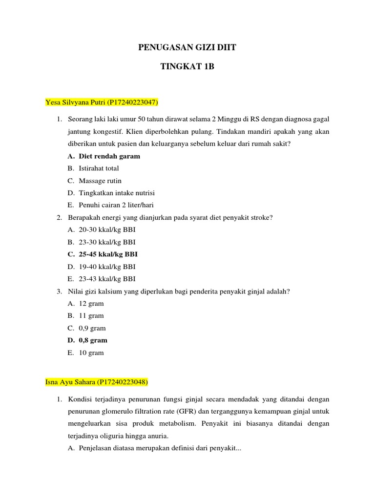 Tingkat 1b (Soal Gizi Diit) | PDF