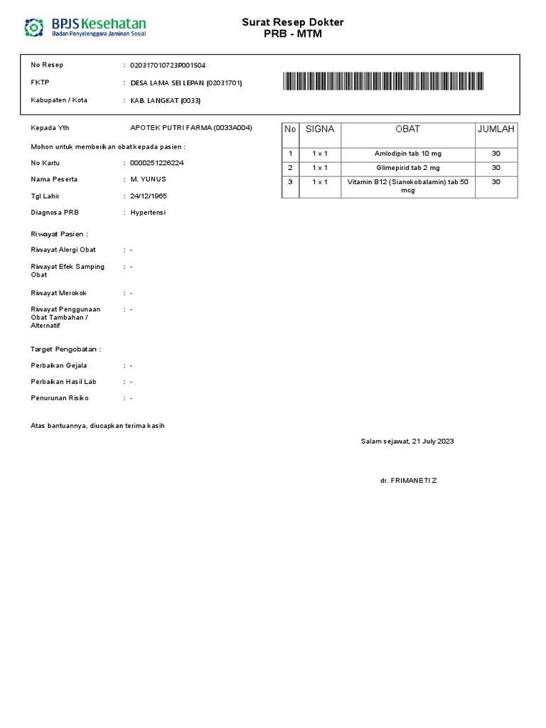 Surat Resep Dokter PRB - MTM: No Signa Obat Jumlah | PDF