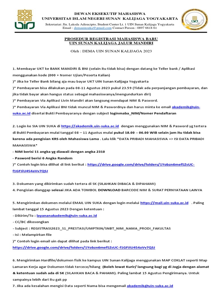 Prosedur Registrasi MABA UIN Suka 2023 Oleh DEMA UIN Sunan Kalijaga 2023 Jalur Mandiri ...