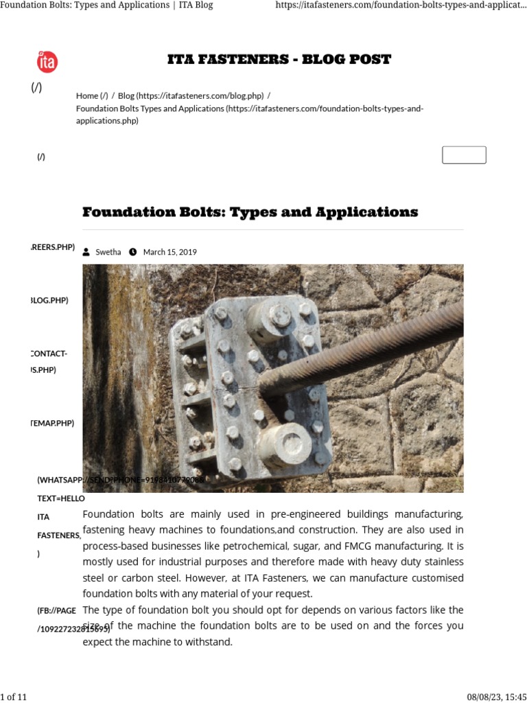 Foundation Bolts - Types and Applications - ITA Blog | PDF