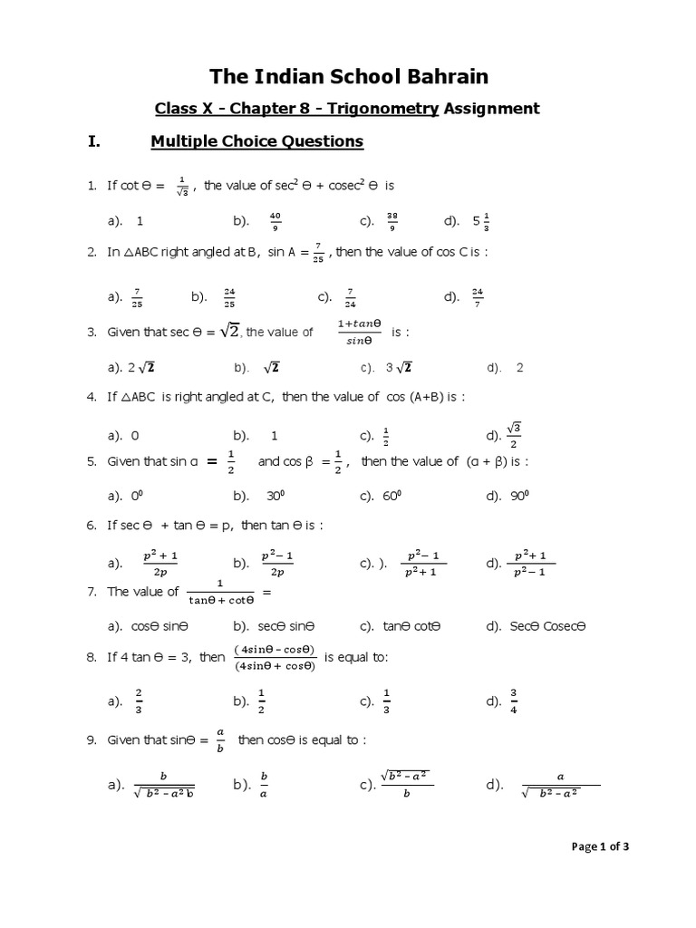 Maths ..Class X ..Trigonometry Assignment | PDF | Rotation | Classical Geometry