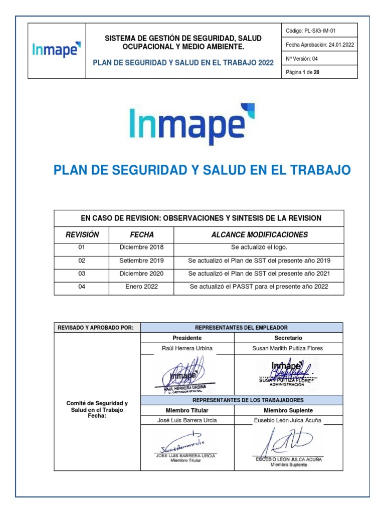 PL Sig Im 01 Plan Anual de SST Inmape 2022 | PDF | Seguridad y salud ocupacional | Business