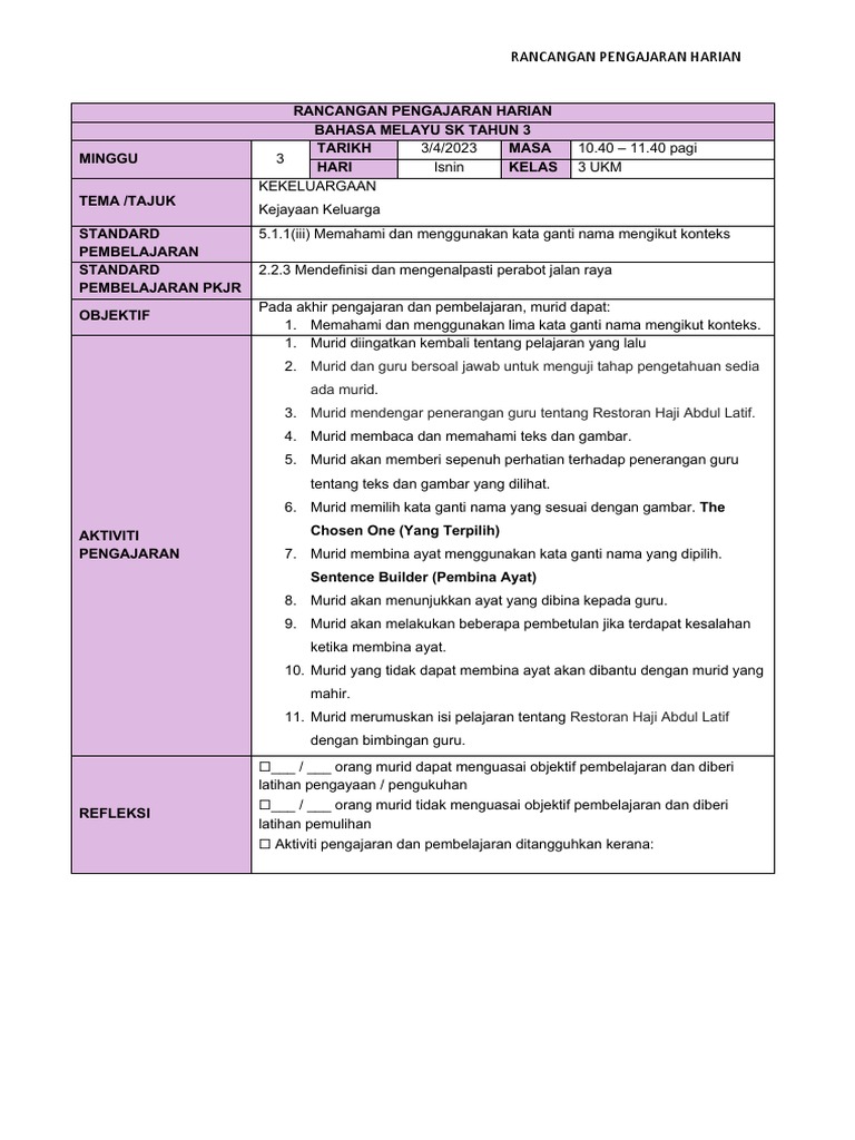 RPH Ringkas Minggu 3 BM SK THN 3 2023 | PDF