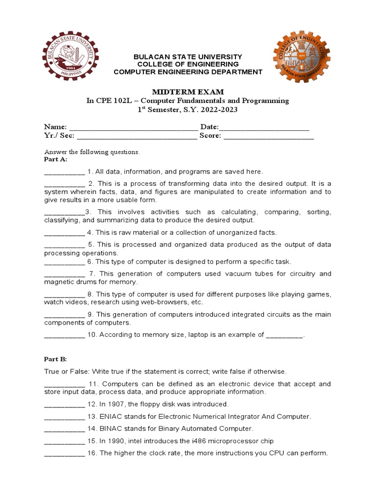 Midterm Exam - CPE102L-Computer Fundamentals and Programming | PDF