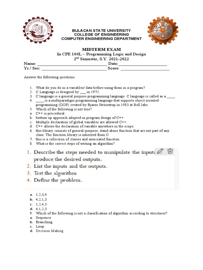 Midterm Exam - CPE104L-Programming Logic and Design | PDF | Teaching Methods & Materials