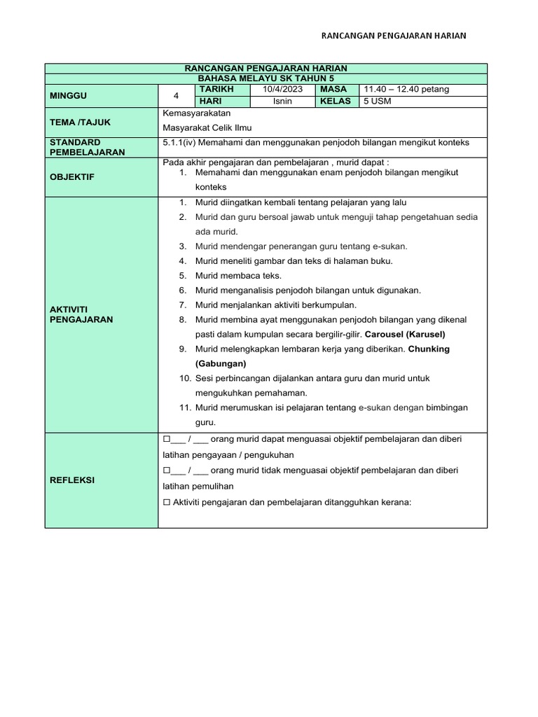 RPH Ringkas Minggu 4 BM SK THN 5 2023 | PDF
