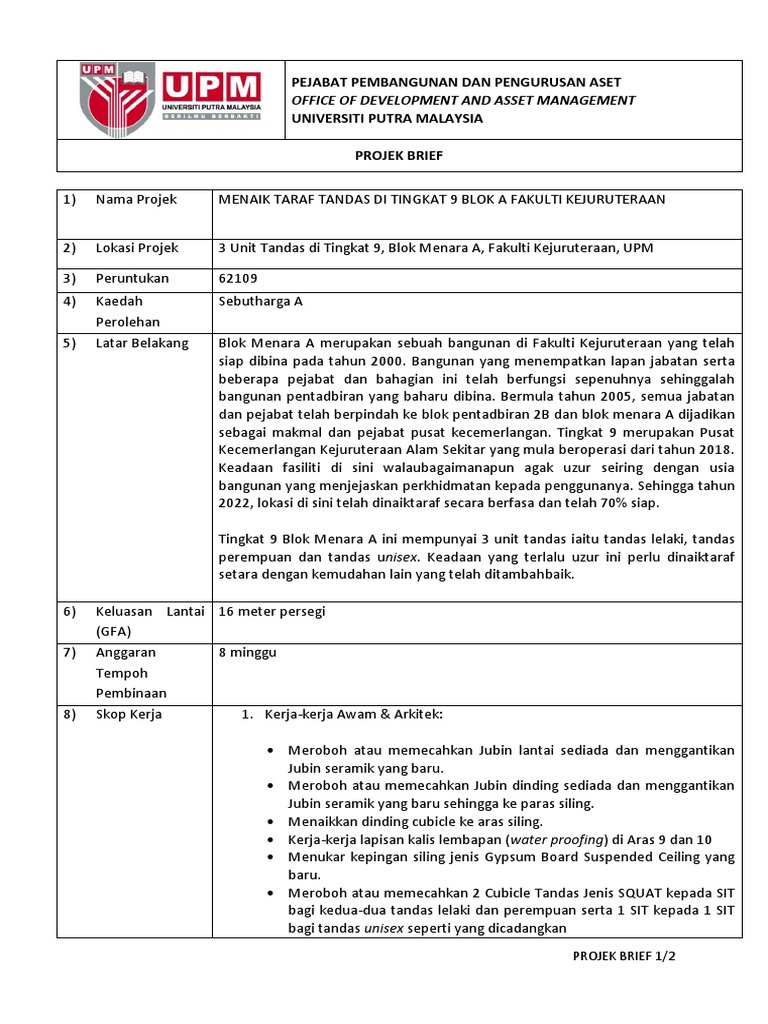 Contoh Brif Projek - Naiktaraf Tandas Tingkat 9-FK | PDF