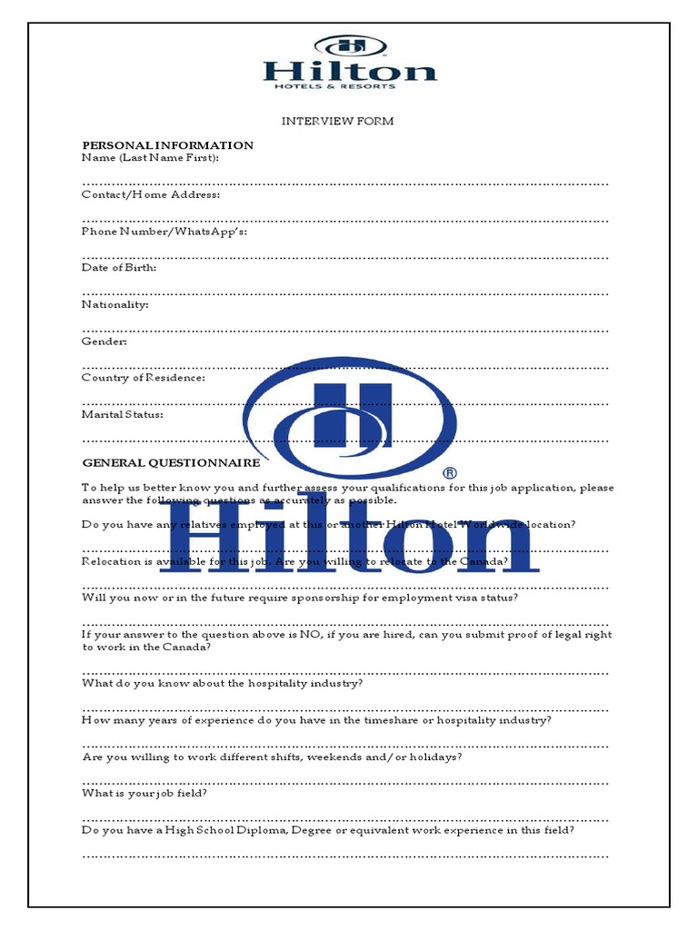 Hilton Hotel Interview Form | PDF | Business | Games & Activities