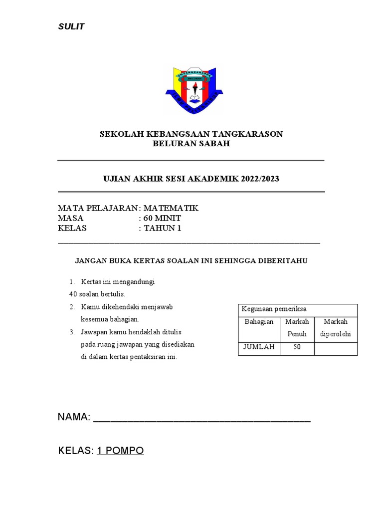 Muka Depan Uasa MT T1 2023 | PDF