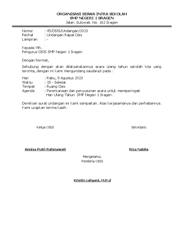 Undangan Rapat OSIS SMP Negeri 1 Sragen | PDF