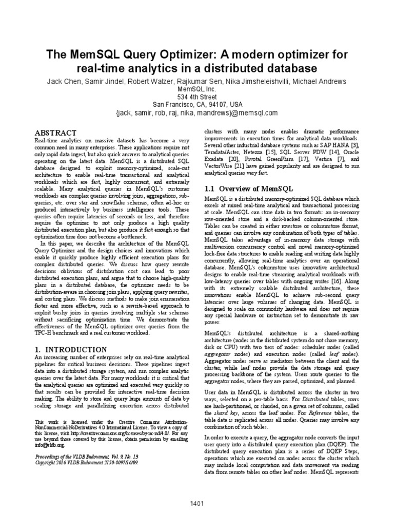 The MemSQL Query Optimizer - A Modern Optimizer For Real-Time Analytics in A Distributed ...