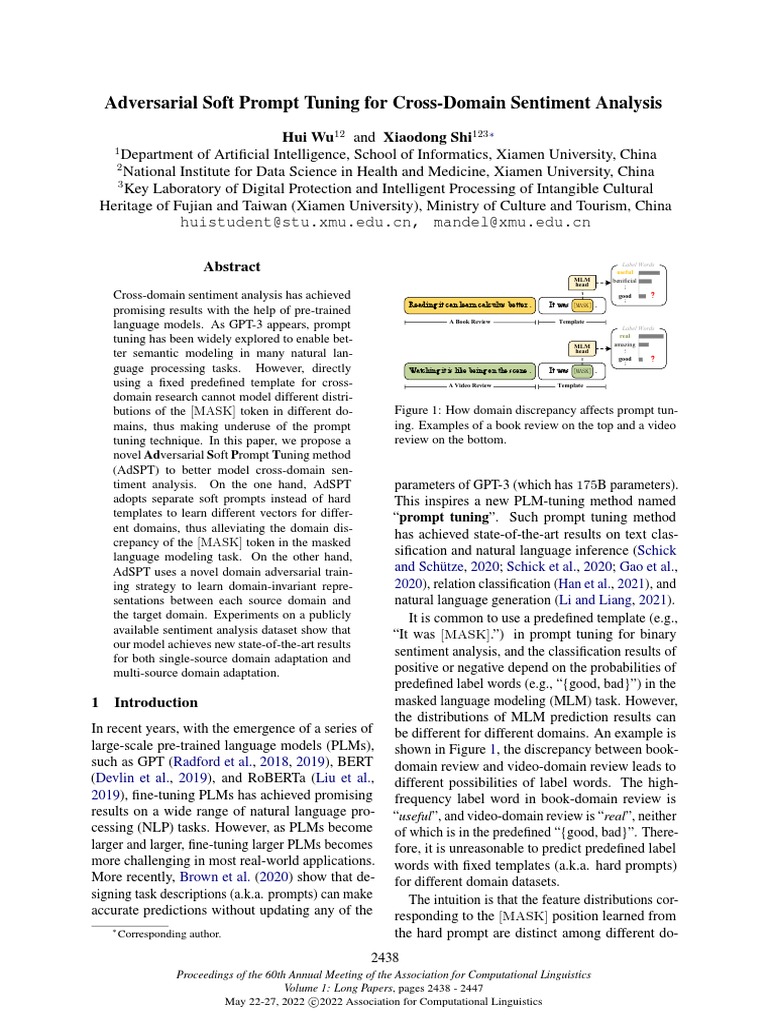 2022ACL-Adversarial Soft Prompt Tuning For Cross-Domain Sentiment Analysis | PDF