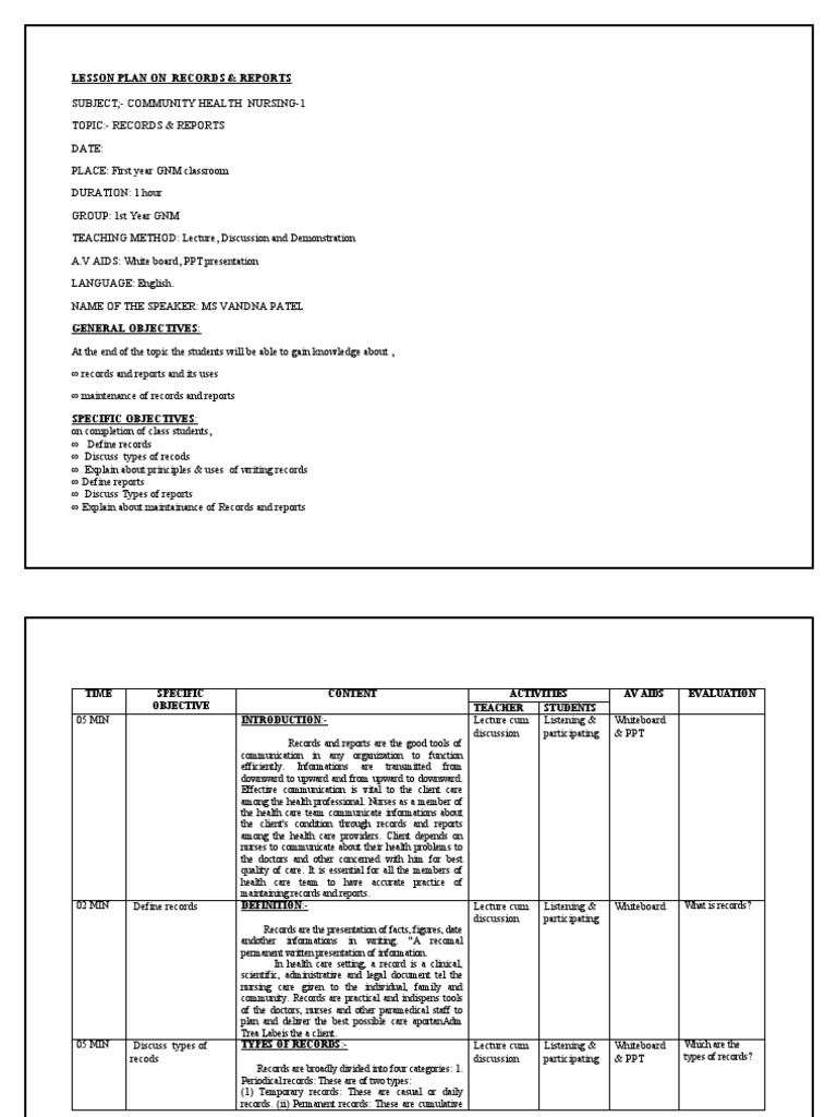 LESSON PLAN ON Records & Reports - CHN | PDF