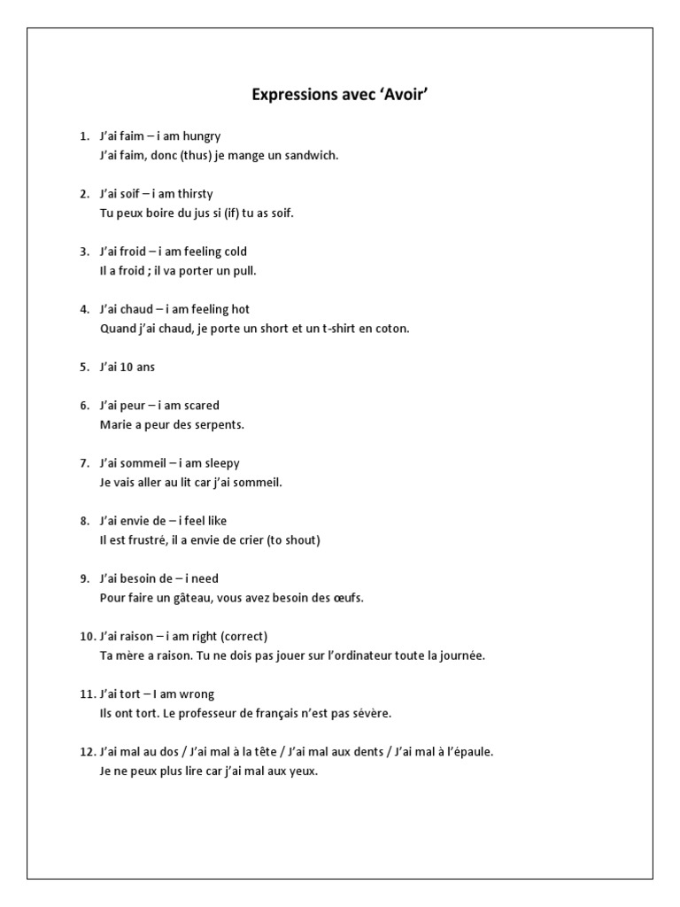Expressions Avec AVOIR | PDF