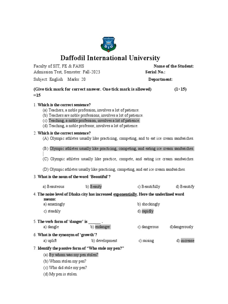 Answer Key - Question Admission Test - Fall-2023 | PDF