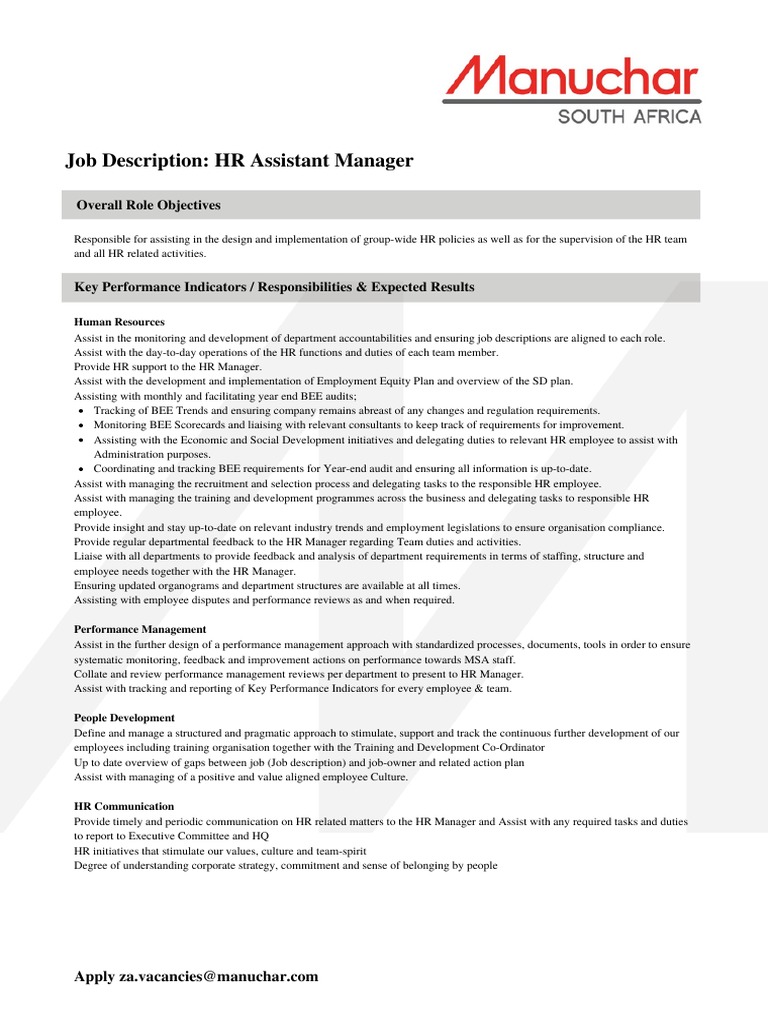 HR Assistant Manager Job Description | PDF | Employment | Human Resources
