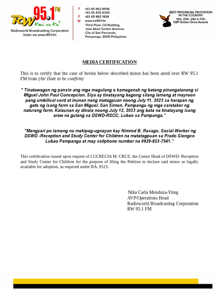 Radio Certification - Miguel John Paul Concepcion | PDF