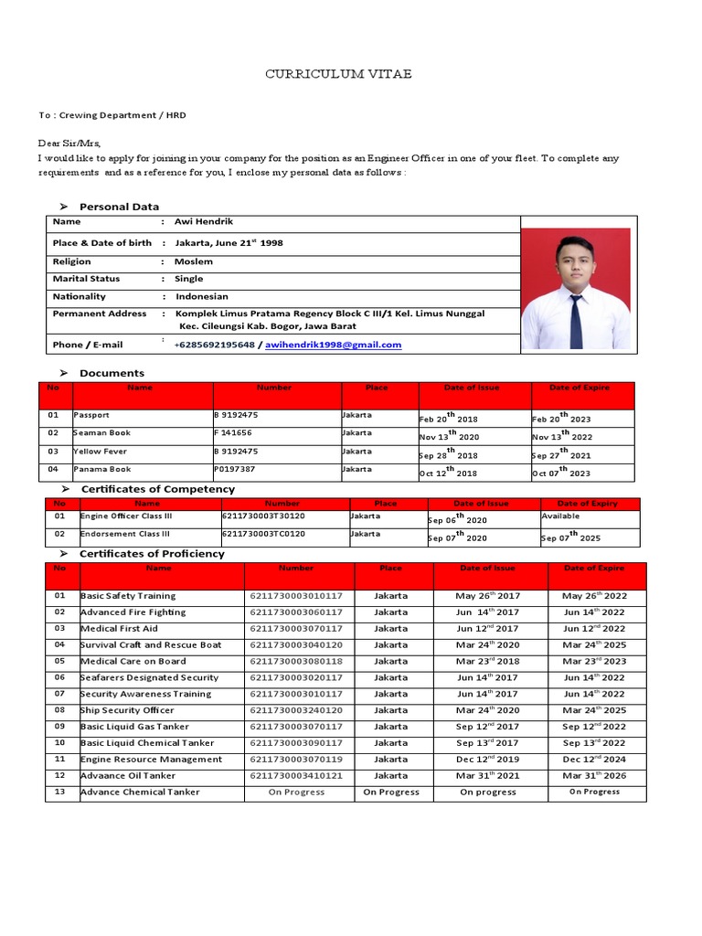 CV Awi Hendrik - 4TH Engineer | PDF | Ship Types | Transport