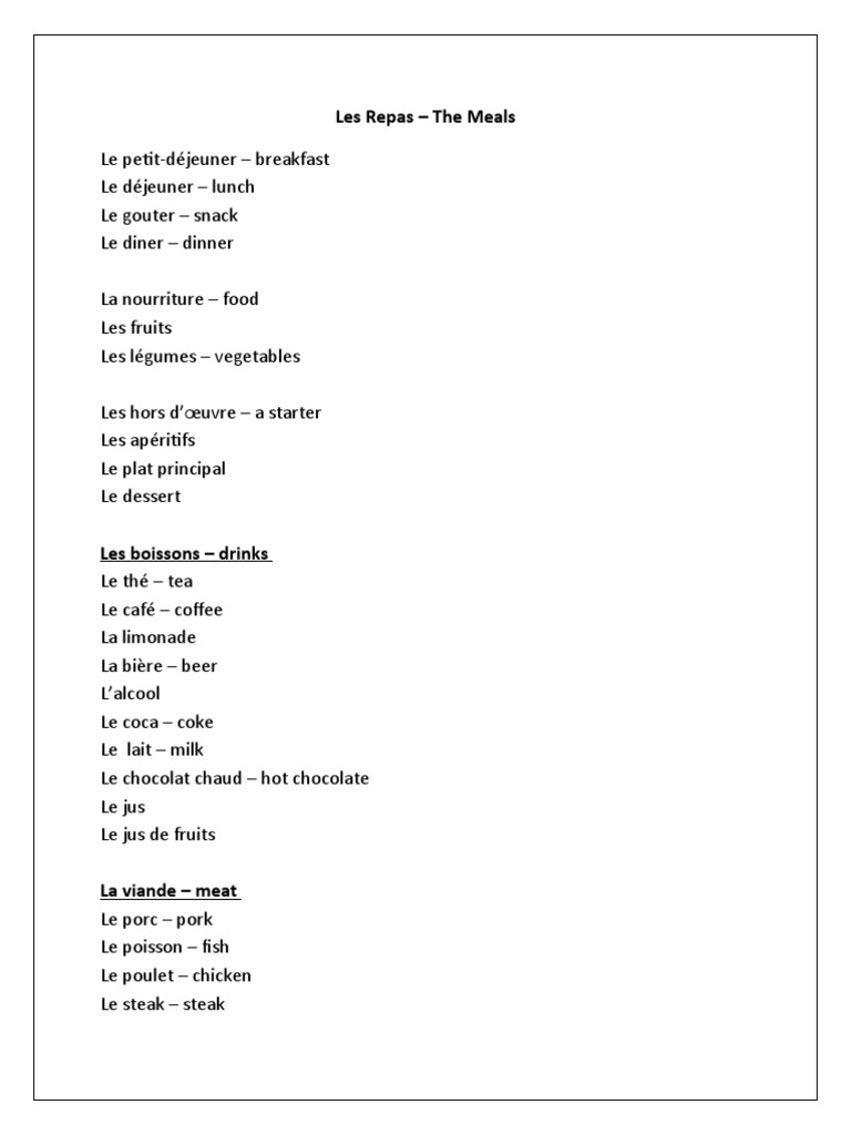 La Nourriture Et Les Repas | PDF