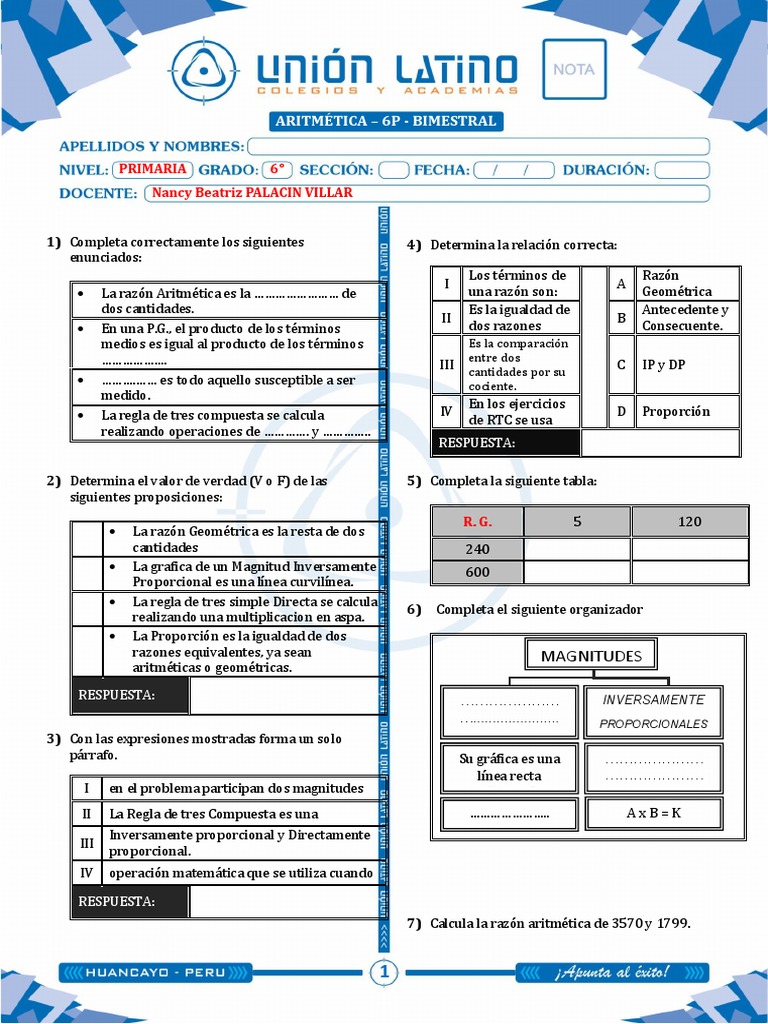 Examen Bimestral 6P Arit | PDF | Proporción | Aritmética