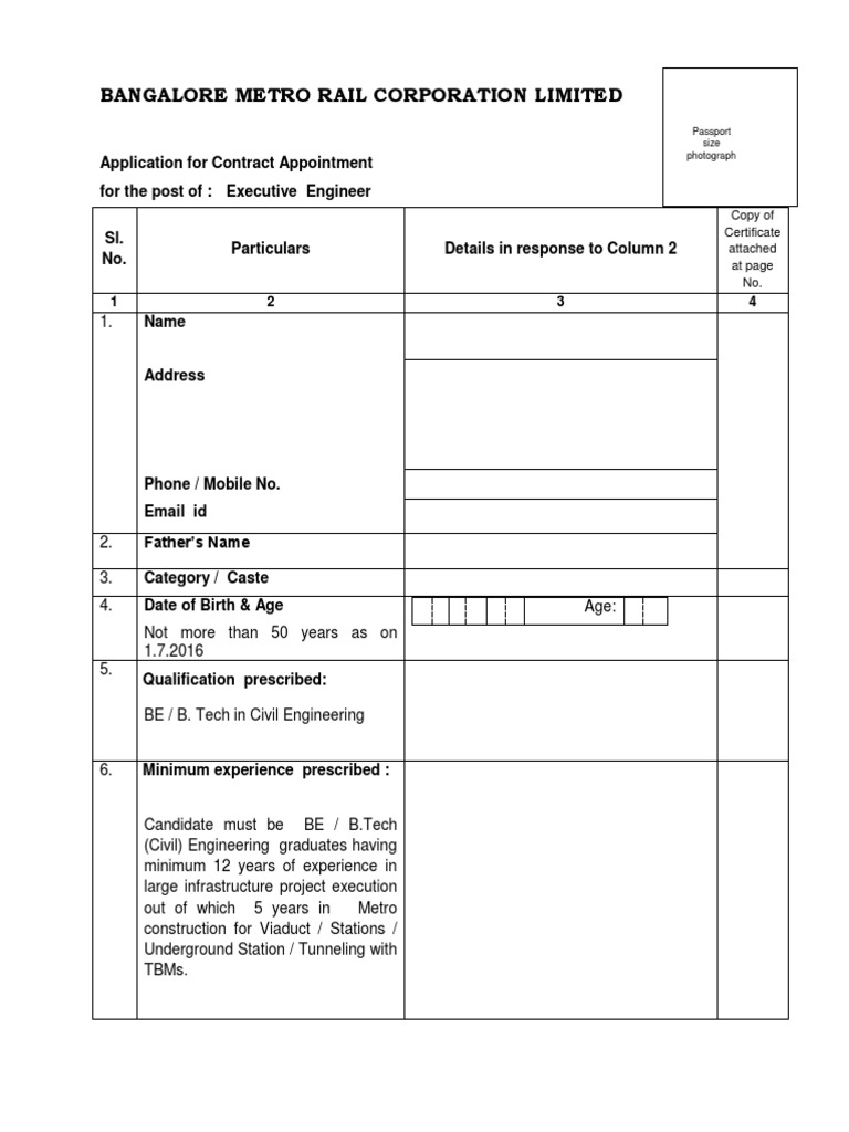 Application Format BMRCL 428 ADM 2016 PRJ | PDF