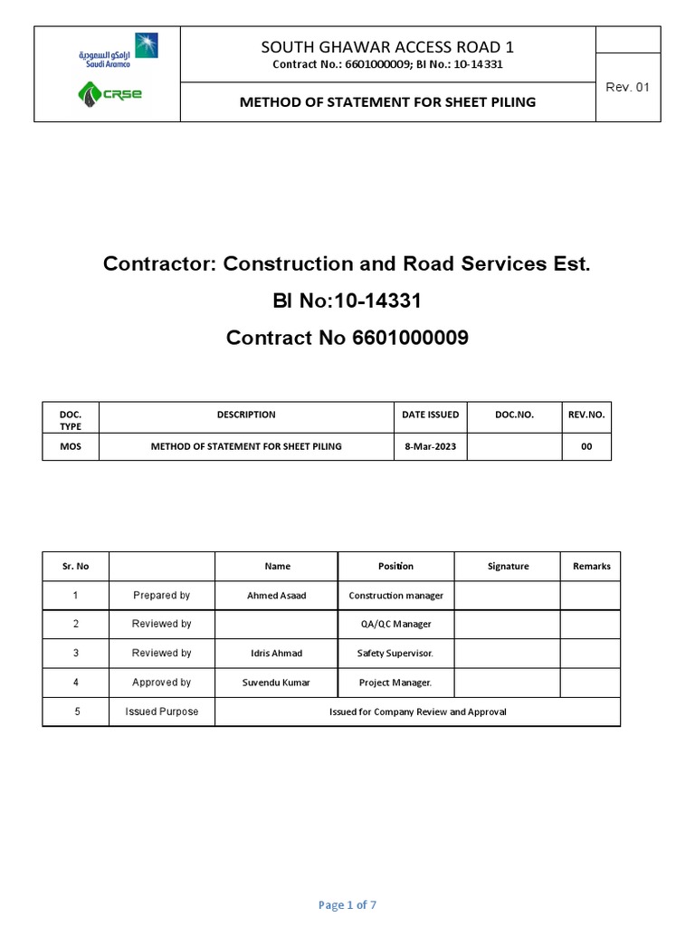 Method of Statement For Sheet Piling | PDF