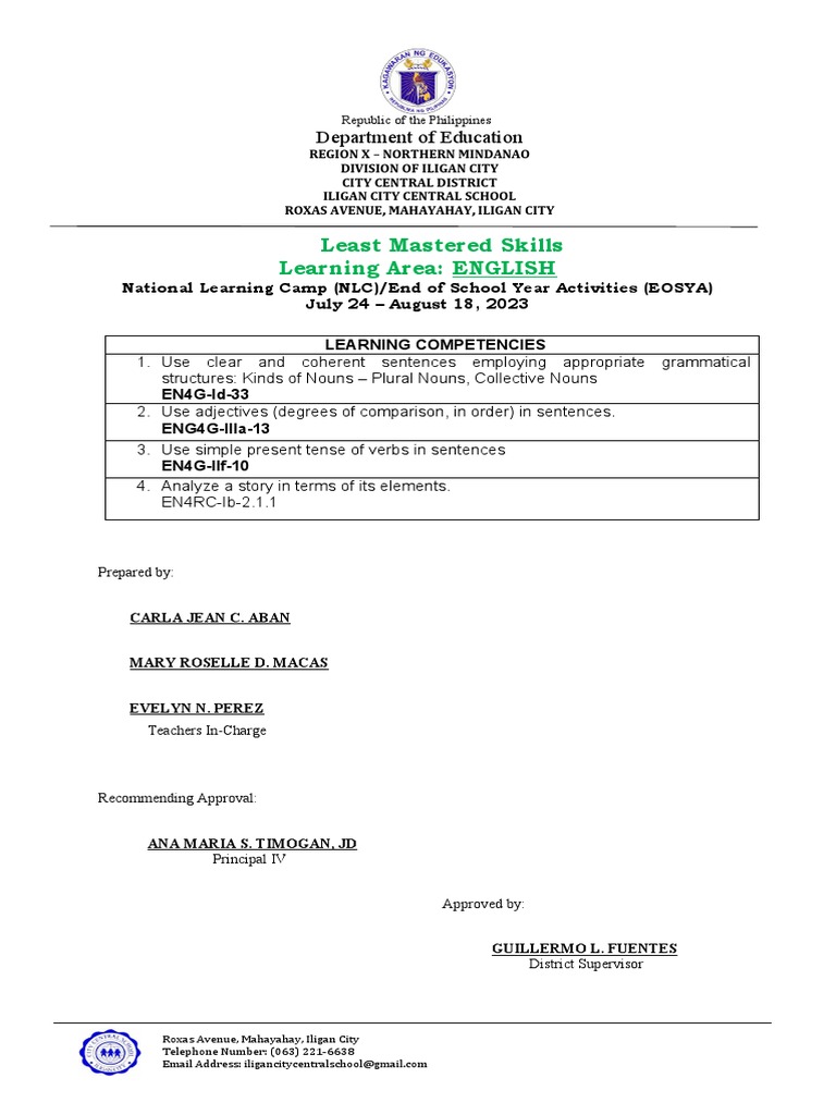 ENGLISH NLC List of Least Mastered Skills | PDF