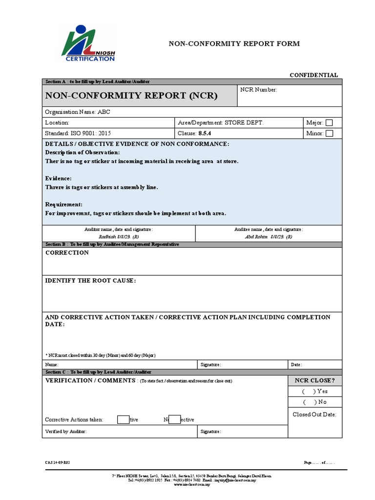 ISO 9001 Non-Conformity Report Template | PDF | Computers | Technology ...