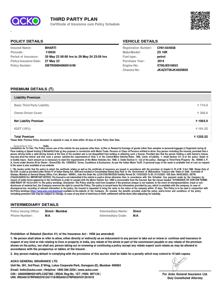 CH01AX4658 - Acko Insurance Policy ZX10R | Download Free PDF ...