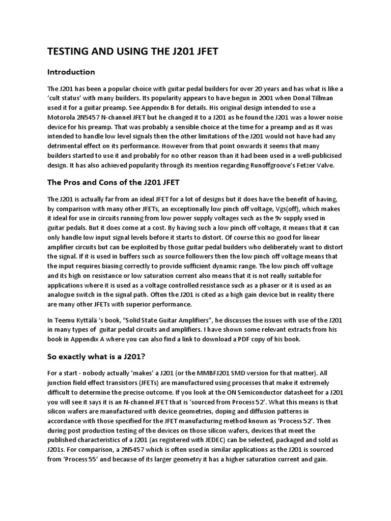 J201 JFET Testing and Usage Guide | PDF | Technology & Engineering